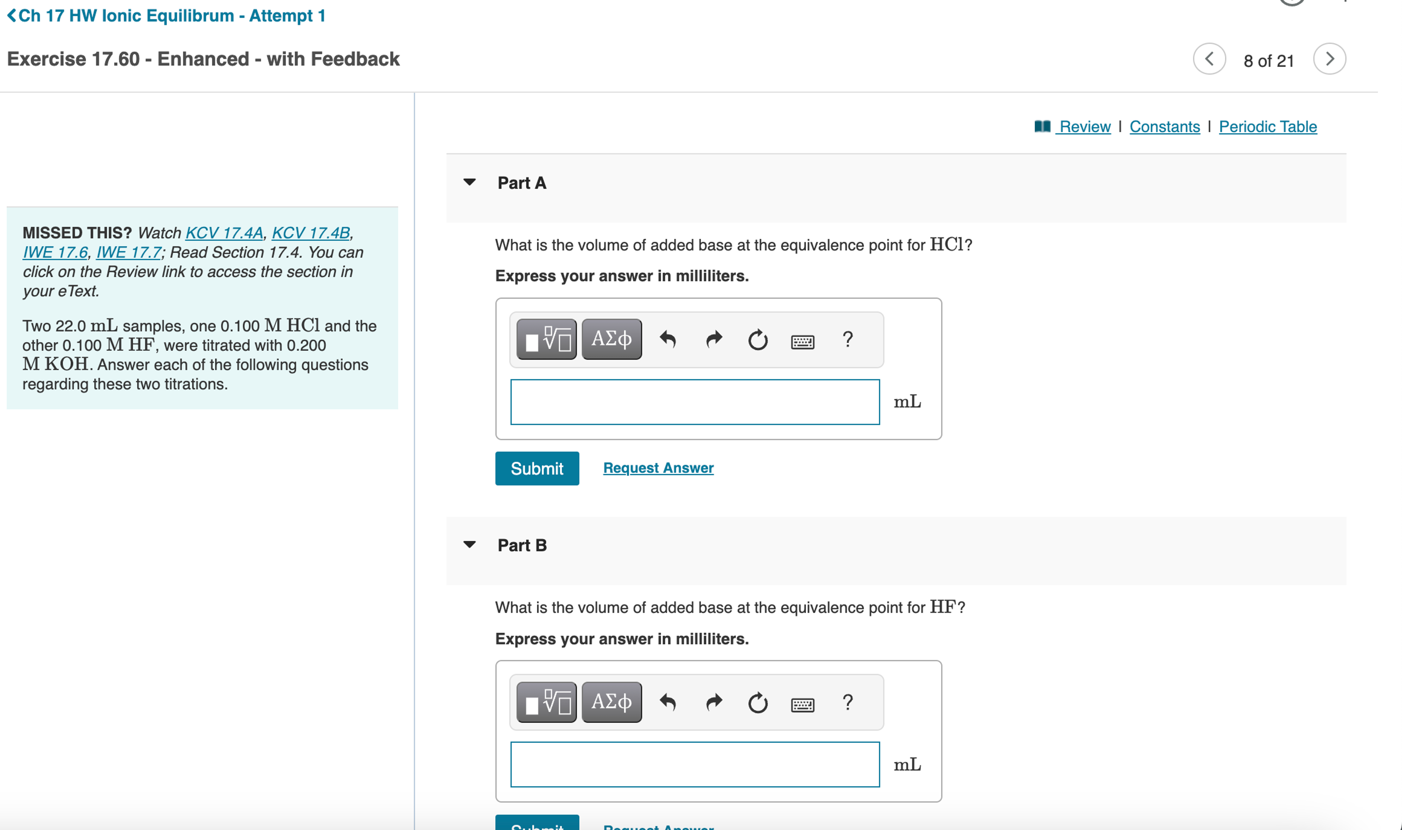 Solved MISSED THIS? Watch KCV 17.4A, ﻿KCV 17.4B,IWE 17.6, | Chegg.com