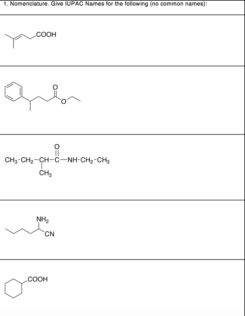 Solved 1. Nomenclature. Give IUPAC Names for the following | Chegg.com