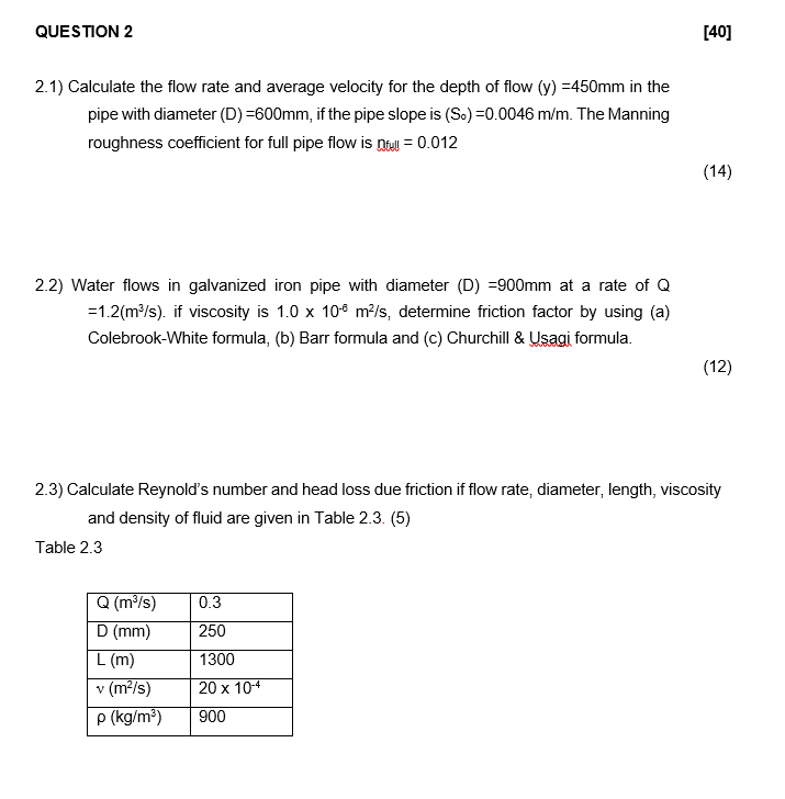 Solved QUESTION 2 [40] 2.1) Calculate the flow rate and | Chegg.com