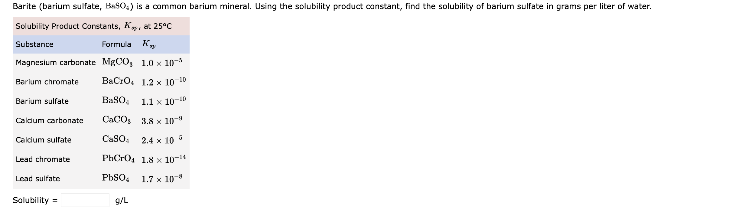 Solved Barite (barium sulfate, BaSO4 ) is a common barium | Chegg.com