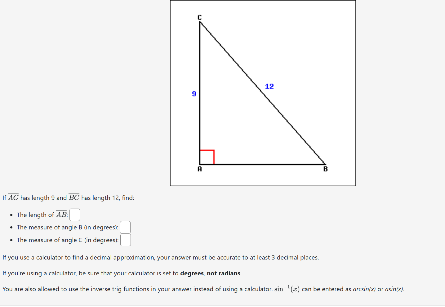 Solved If bar(AC) has length 9 and bar(BC) has length 12 , | Chegg.com
