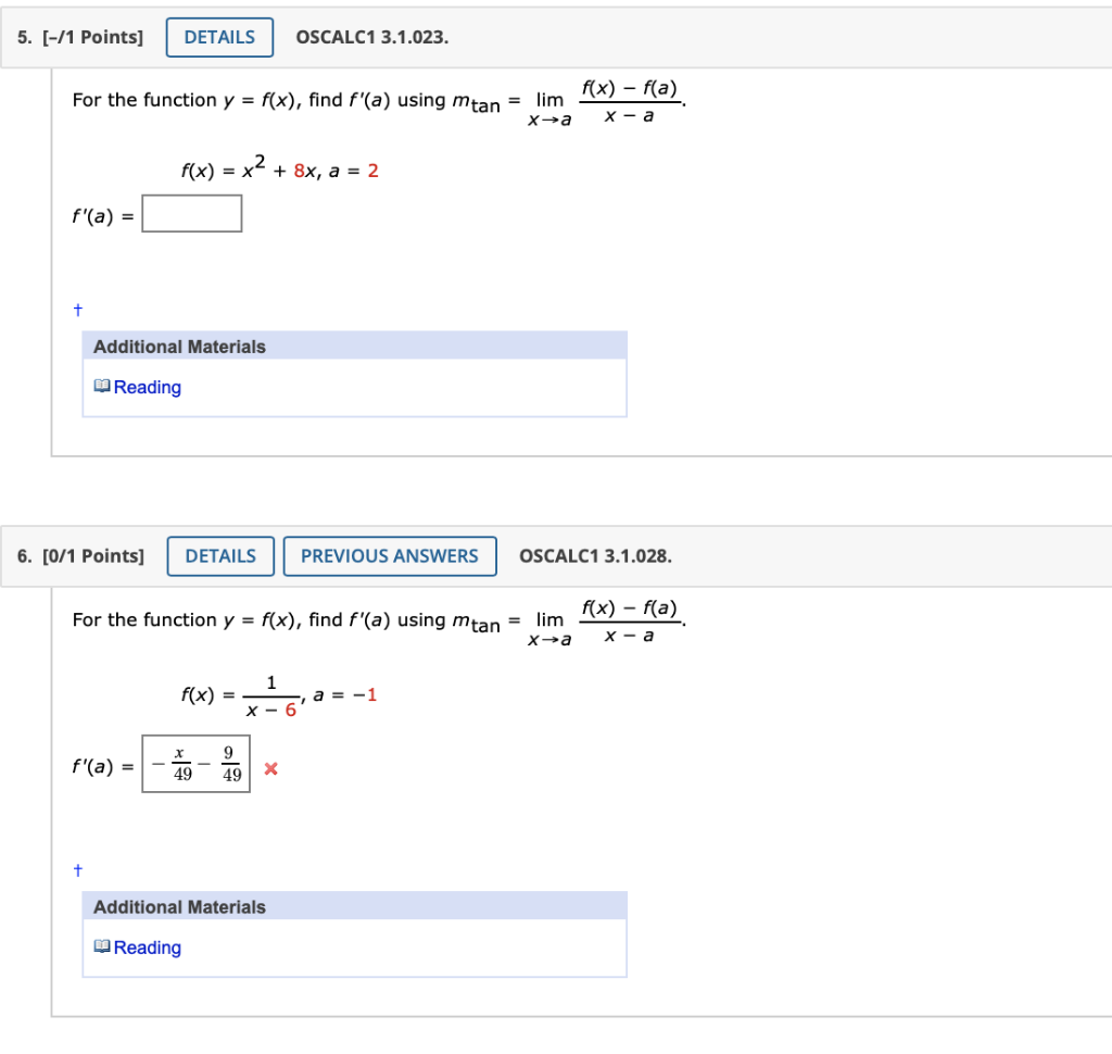 Solved For the function y=f(x), find f′(a) using | Chegg.com
