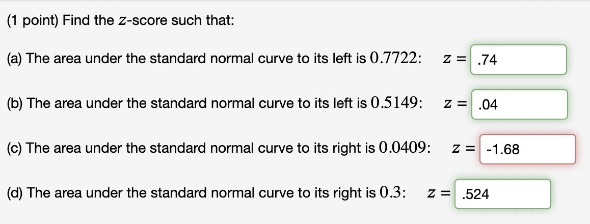 Solved (1 point) Find the z-score such that: (a) The area | Chegg.com