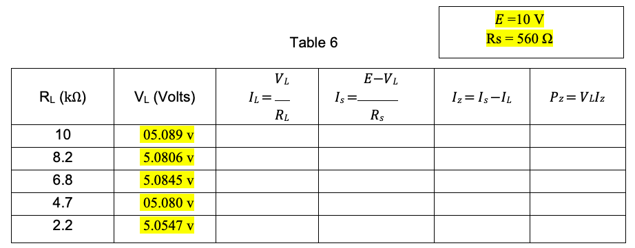 Solved Table 6 E=10 VRs=560Ω | Chegg.com