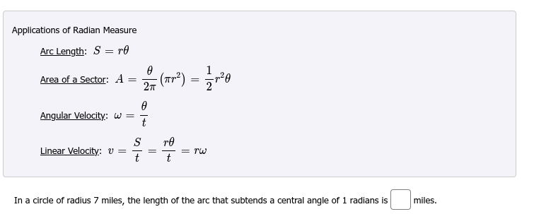 Solved Applications of Radian Measure Arc Length: S=rθ Area | Chegg.com