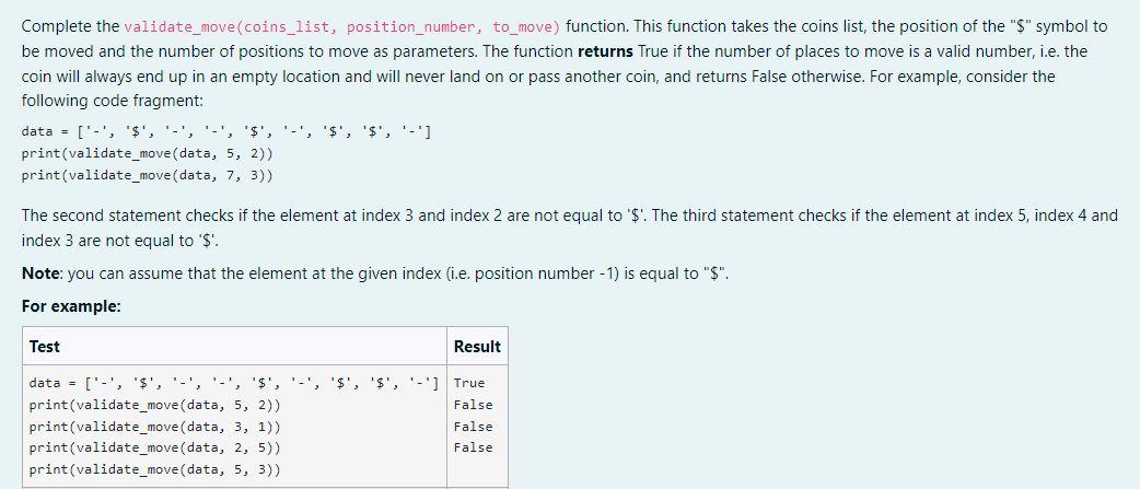 Solved Complete the validate_move (coins_list, | Chegg.com