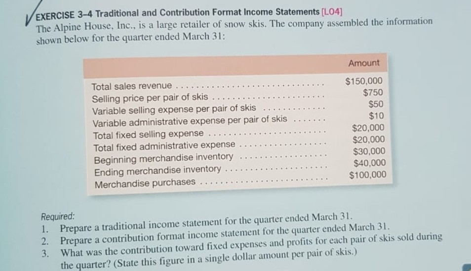 Solved EXERCISE 3-4 Traditional and Contribution Format | Chegg.com