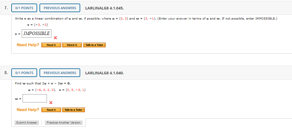 Solved Write V As A Linear Combination Of U And W If