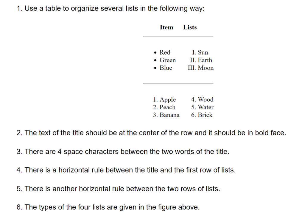 Solved 1. Use a table to organize several lists in the | Chegg.com