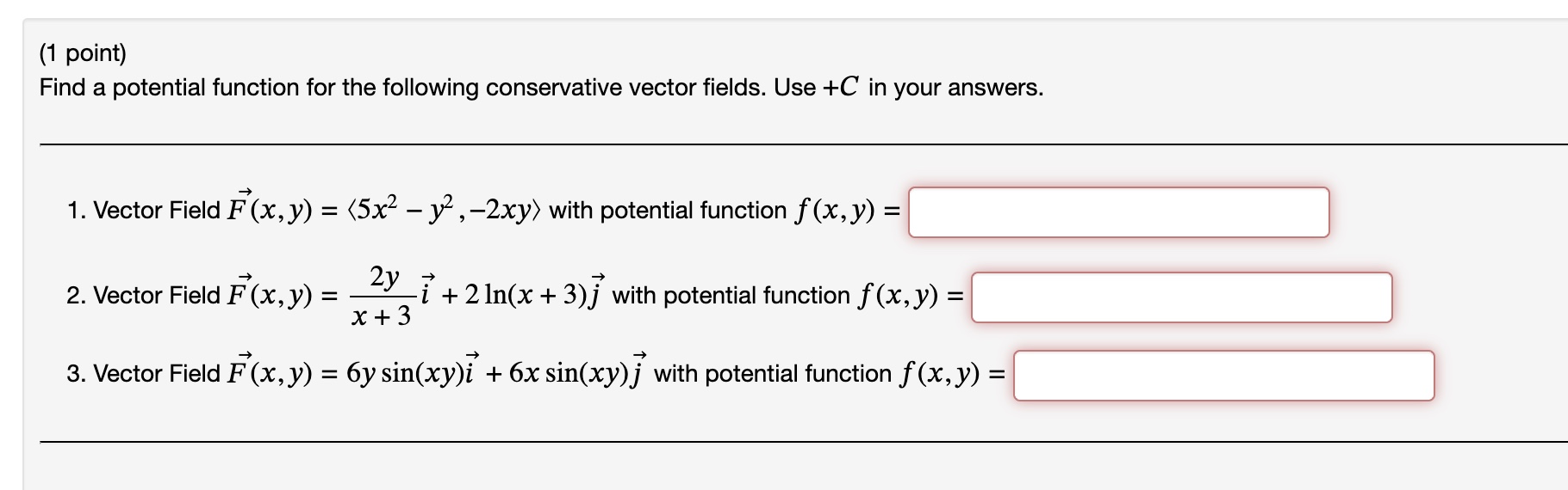 Solved (1 ﻿point)Find a potential function for the following | Chegg.com