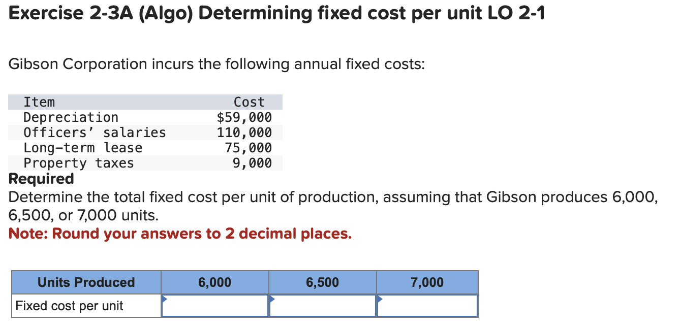 Solved Exercise 2-3A (Algo) Determining fixed cost per unit | Chegg.com