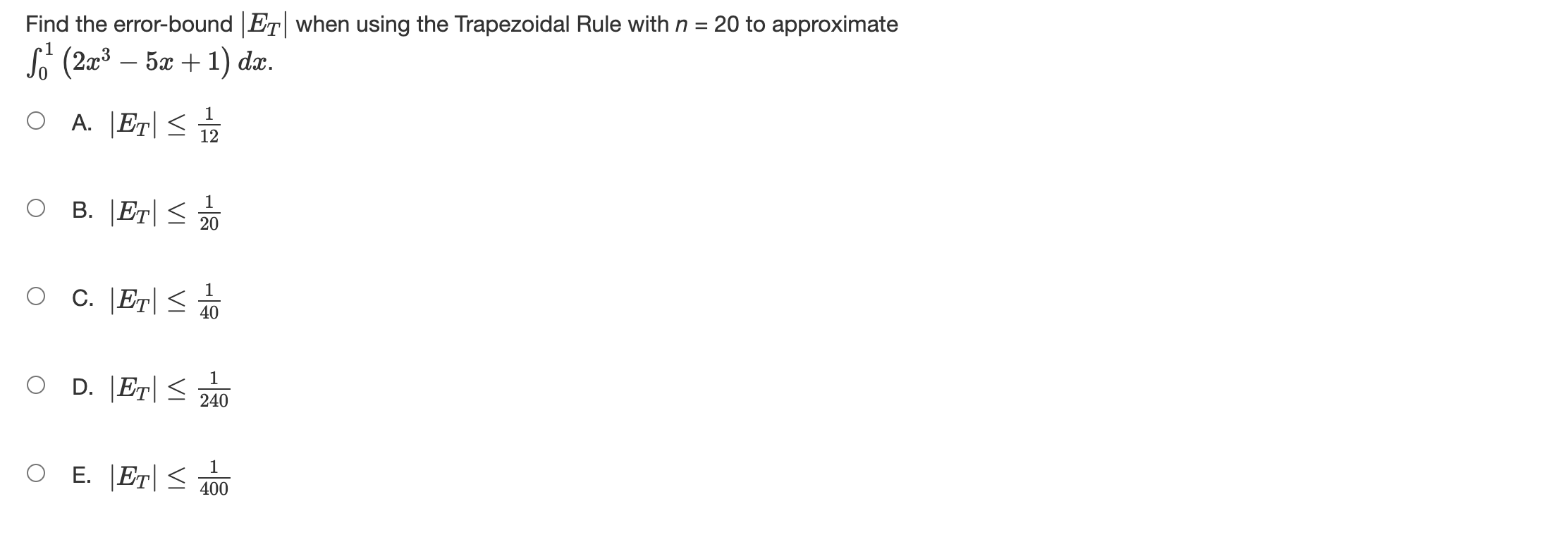 Solved Find the error-bound ∣ET∣ when using the Trapezoidal | Chegg.com