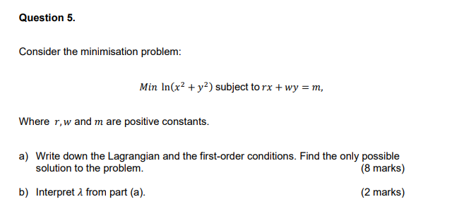 Solved Question 5. Consider the minimisation problem: Min | Chegg.com