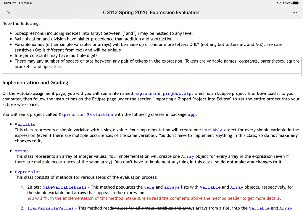Solved 6:28 PM Fri Mar 6 98% X CS112 Spring 2020: Expression | Chegg.com
