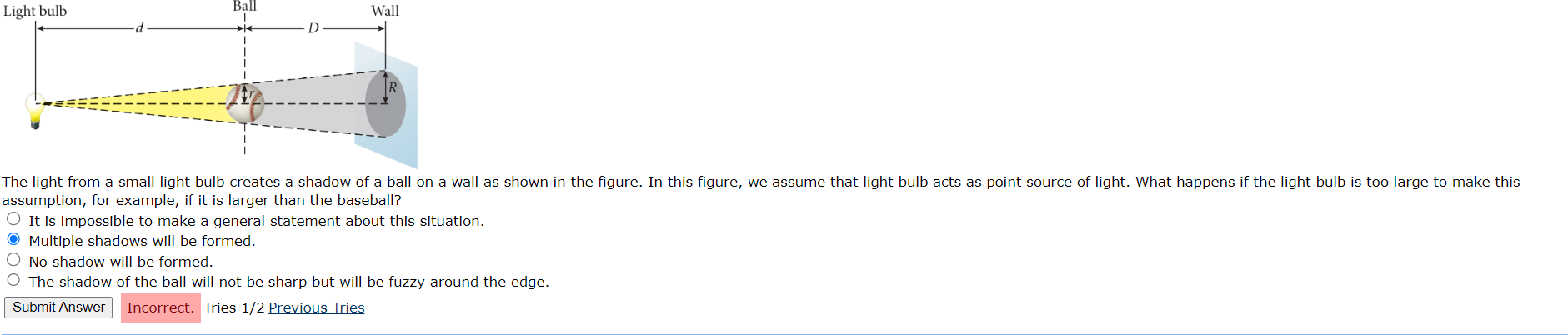 Solved The light from a small light bulb creates a shadow of | Chegg.com