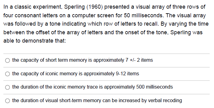 Solved In a classic experiment, Sperling (1960) presented a | Chegg.com