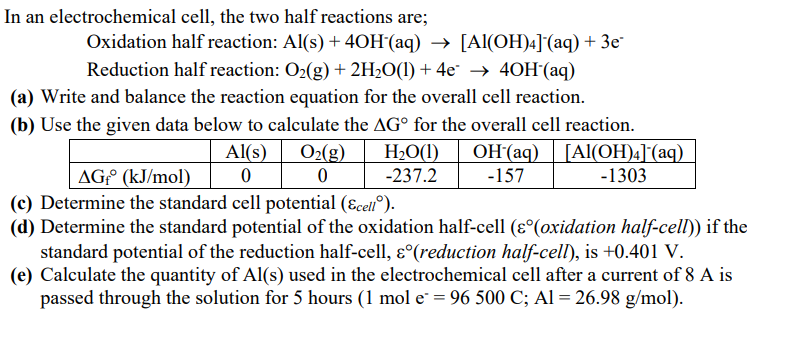 Solved in an electrochemical cell, the two half reactions | Chegg.com