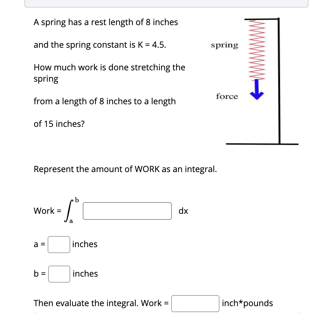 Solved A spring has a rest length of 8 inches and the spring | Chegg.com