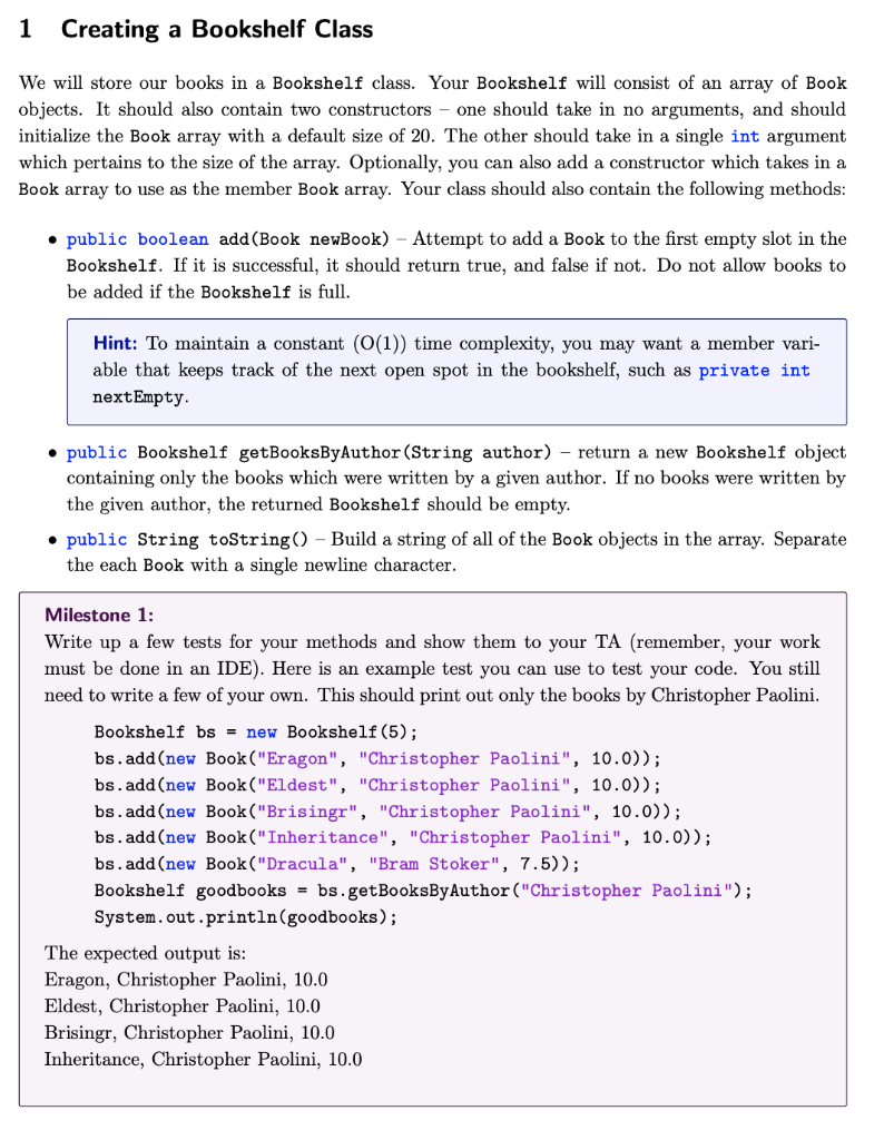 Solved 1 Creating a Bookshelf Class We will store our books | Chegg.com