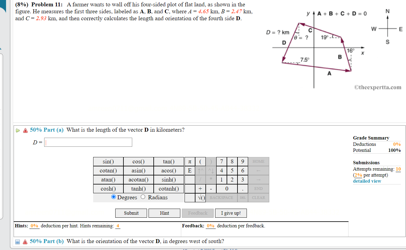 Solved (8\%) Problem 11: A farmer wants to wall off his | Chegg.com