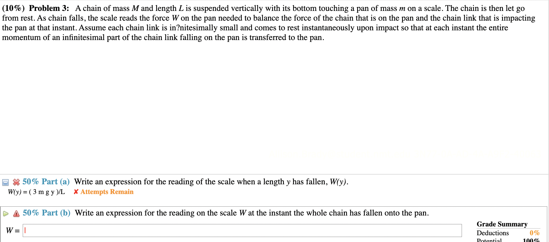 Solved (10\%) Problem 3: A chain of mass M and length L is | Chegg.com