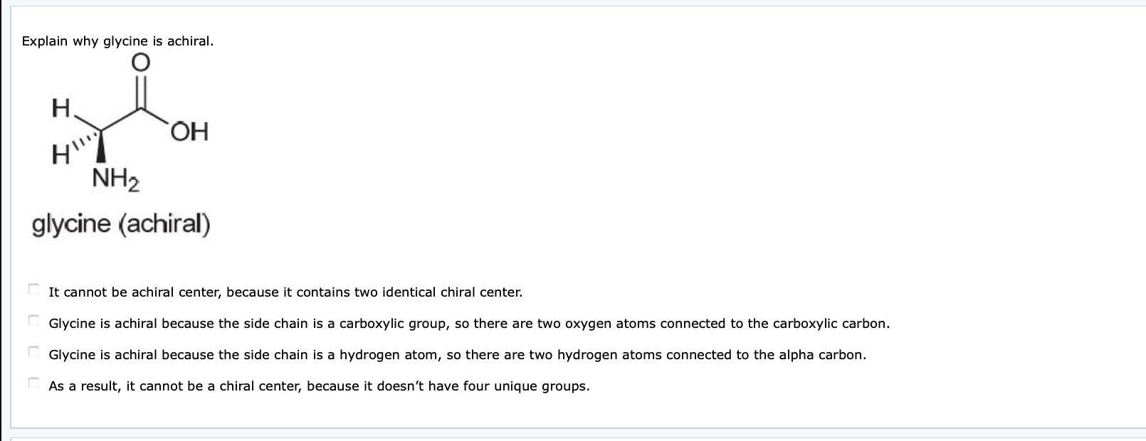 Solved Explain why glycine is achiral. HI OH HUY NH2 glycine | Chegg.com