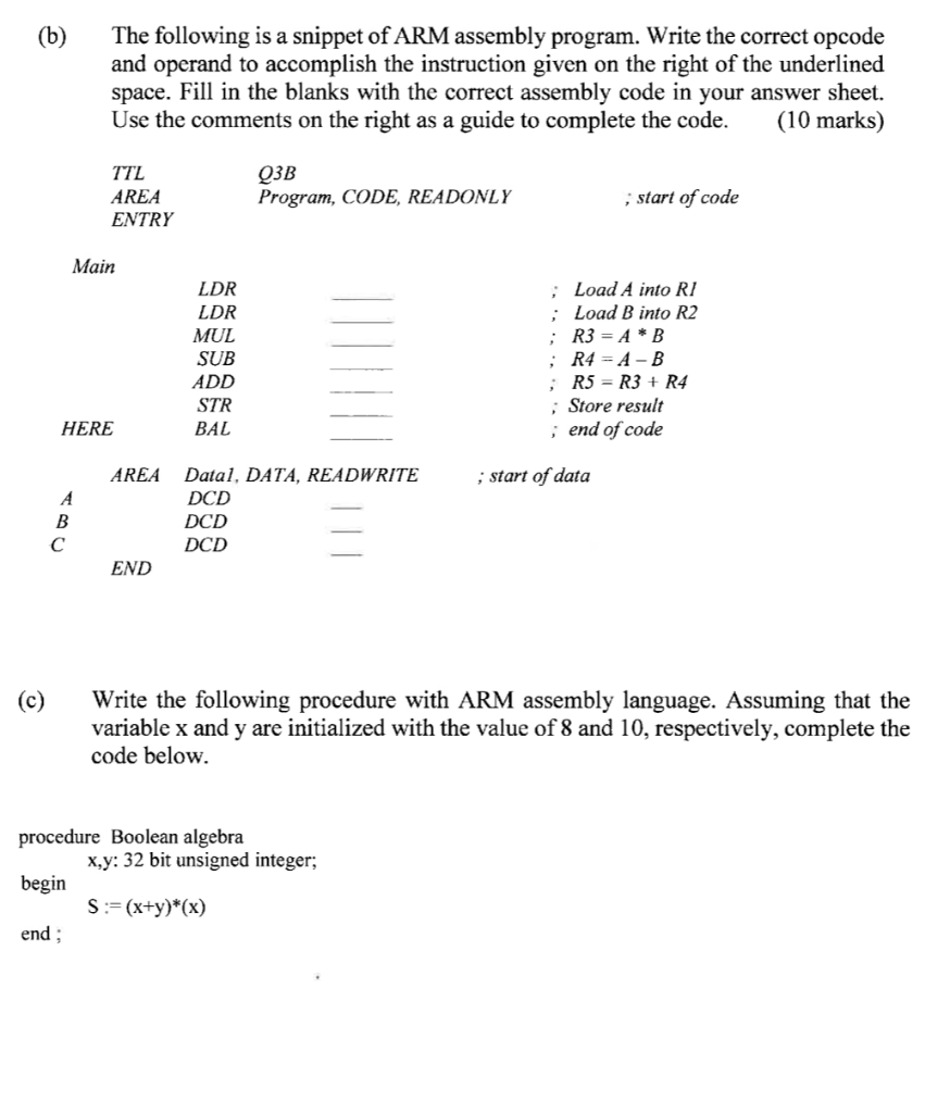 (b) The following is a snippet of ARM assembly | Chegg.com