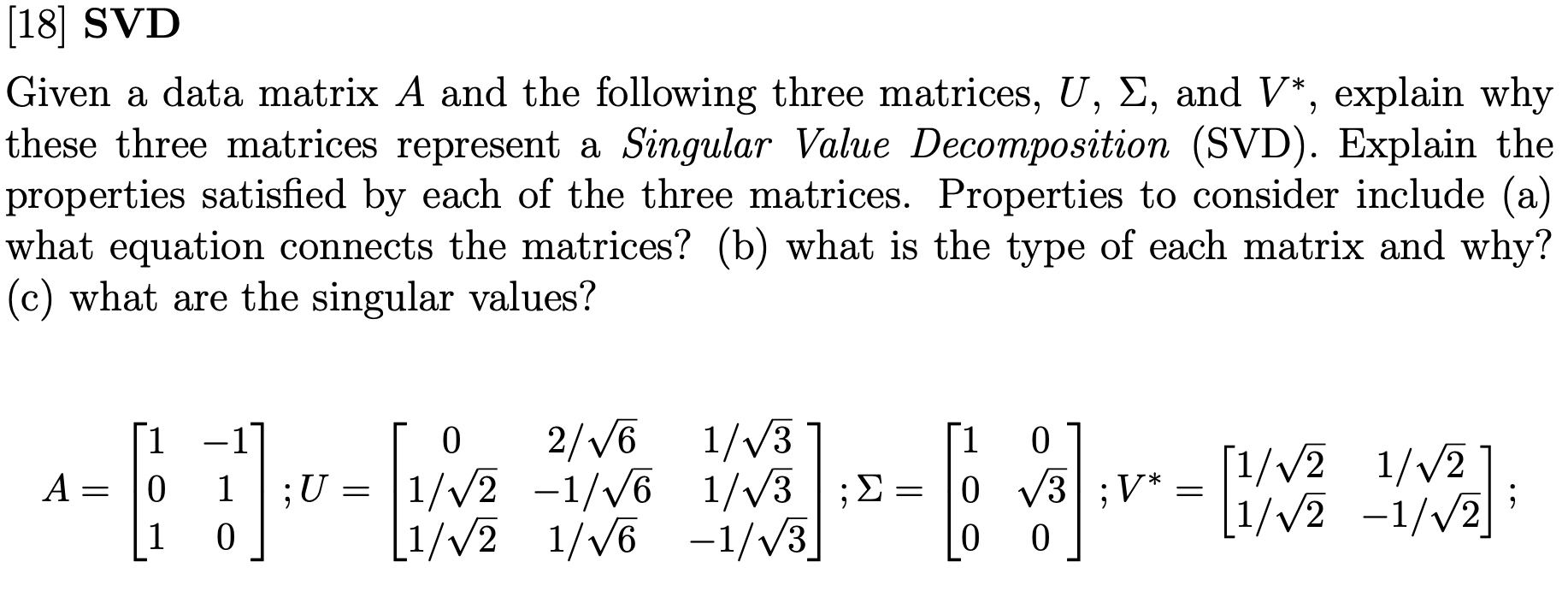 [18] SVD Given a data matrix A and the following | Chegg.com