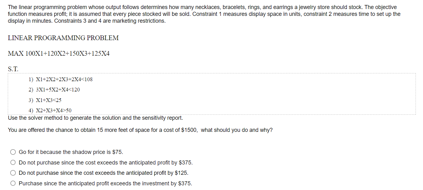 Solved The linear programming problem whose output follows | Chegg.com