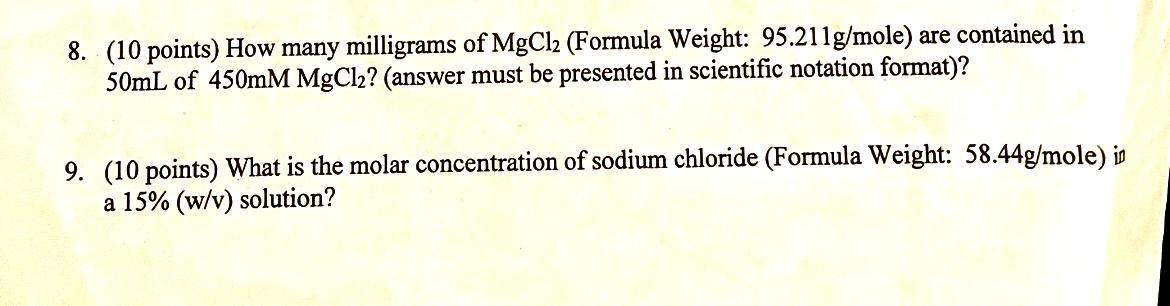 Solved 8. (10 points) How many milligrams of MgCl2 (Formula | Chegg.com