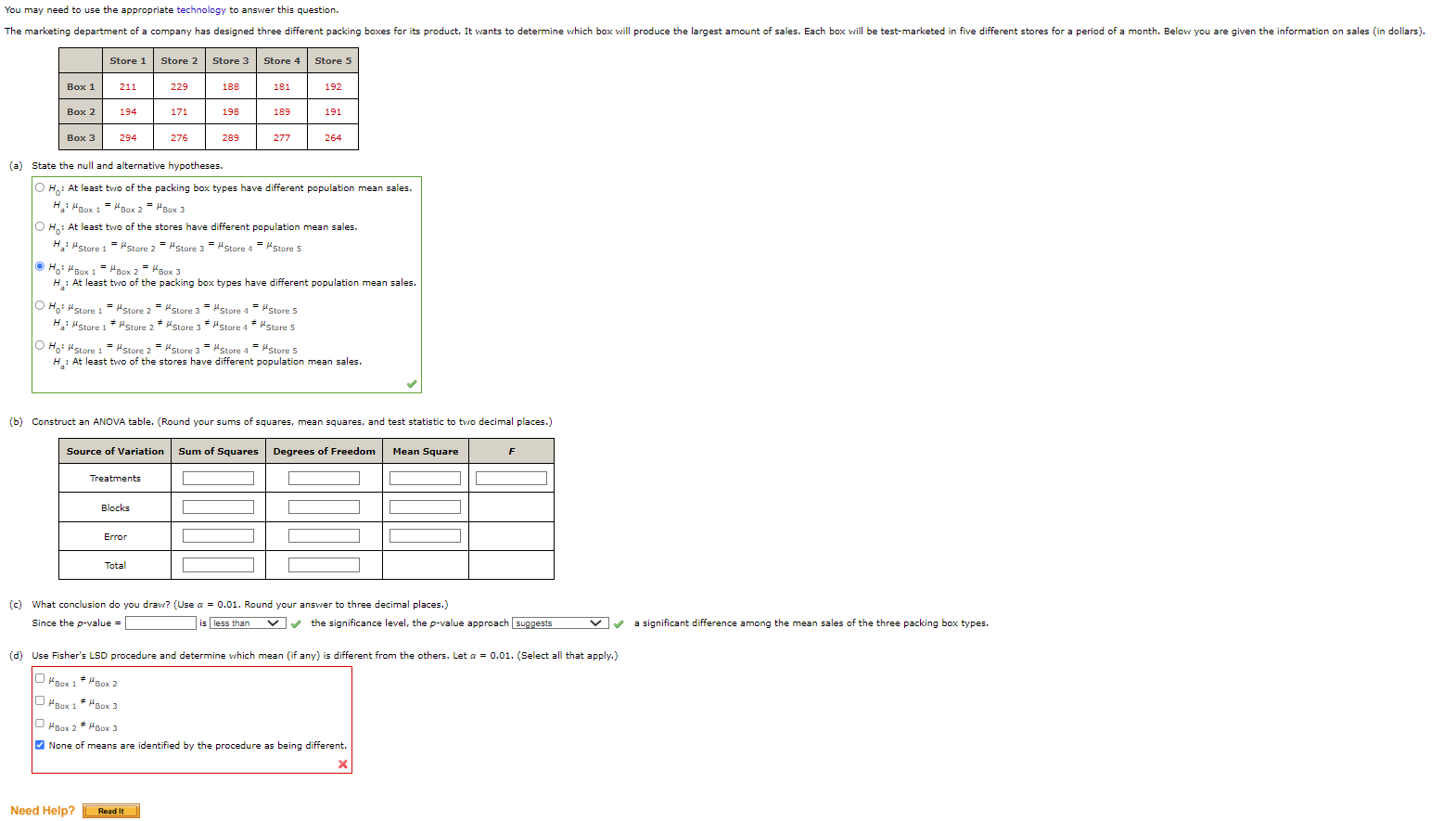 Solved H0 : At least two of the packing box types have | Chegg.com