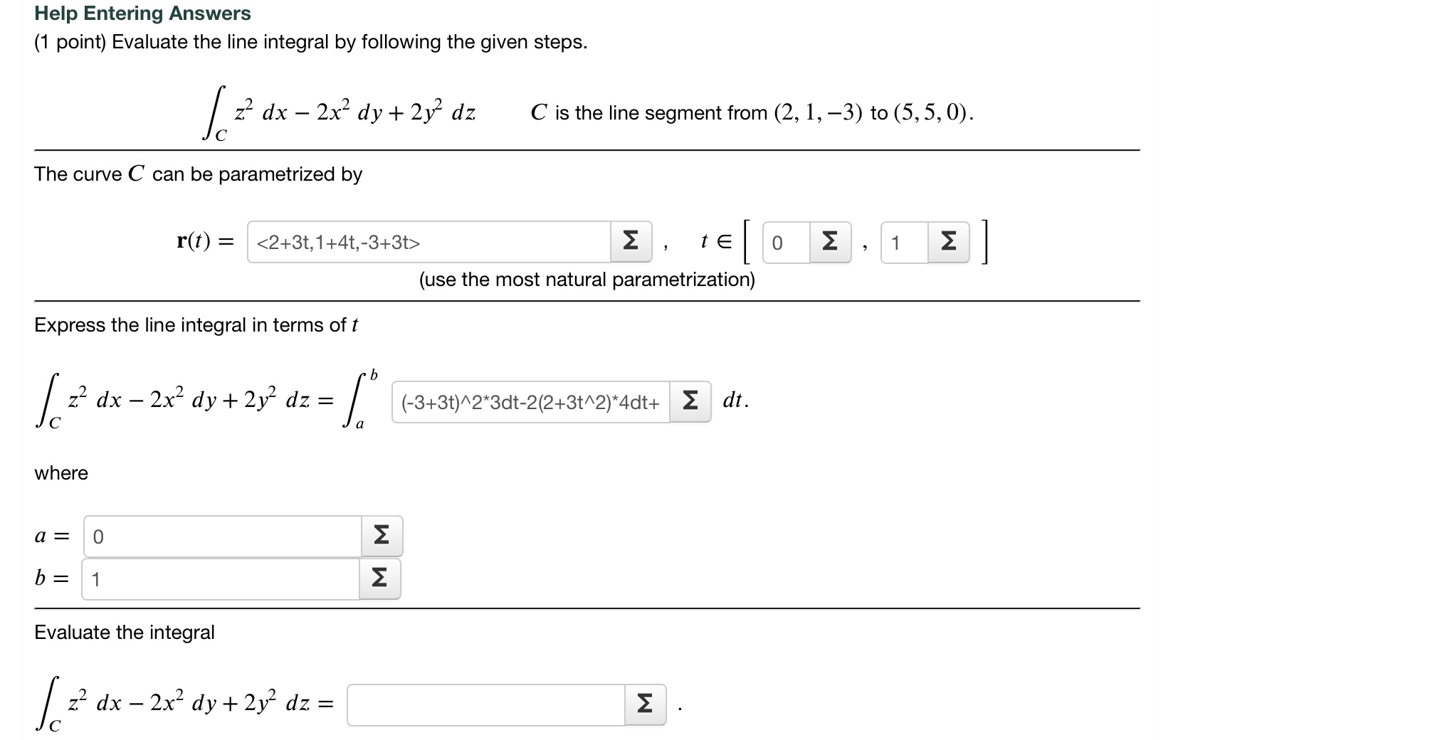Solved Help Entering Answers(1 ﻿point) ﻿Evaluate the line | Chegg.com