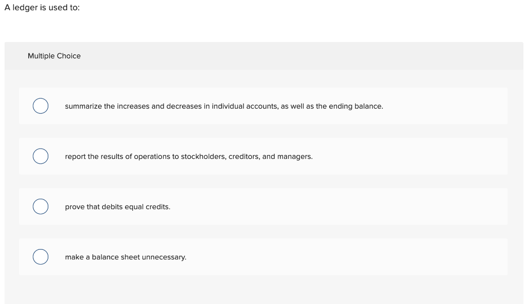 Solved A ledger is used to: Multiple Choice summarize the | Chegg.com