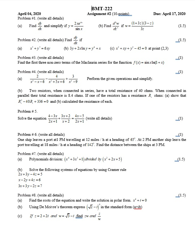 Solved BMT-222 Assignment #2 (10-points) Due: April 17, 2020 | Chegg.com
