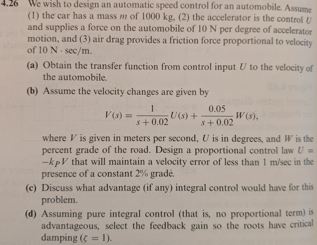 Solved 4.26 1 We wish to design an automatic speed control | Chegg.com