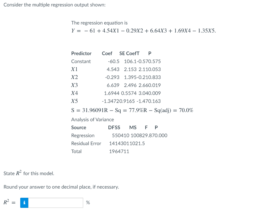 Solved Consider the multiple regression output shown: The | Chegg.com