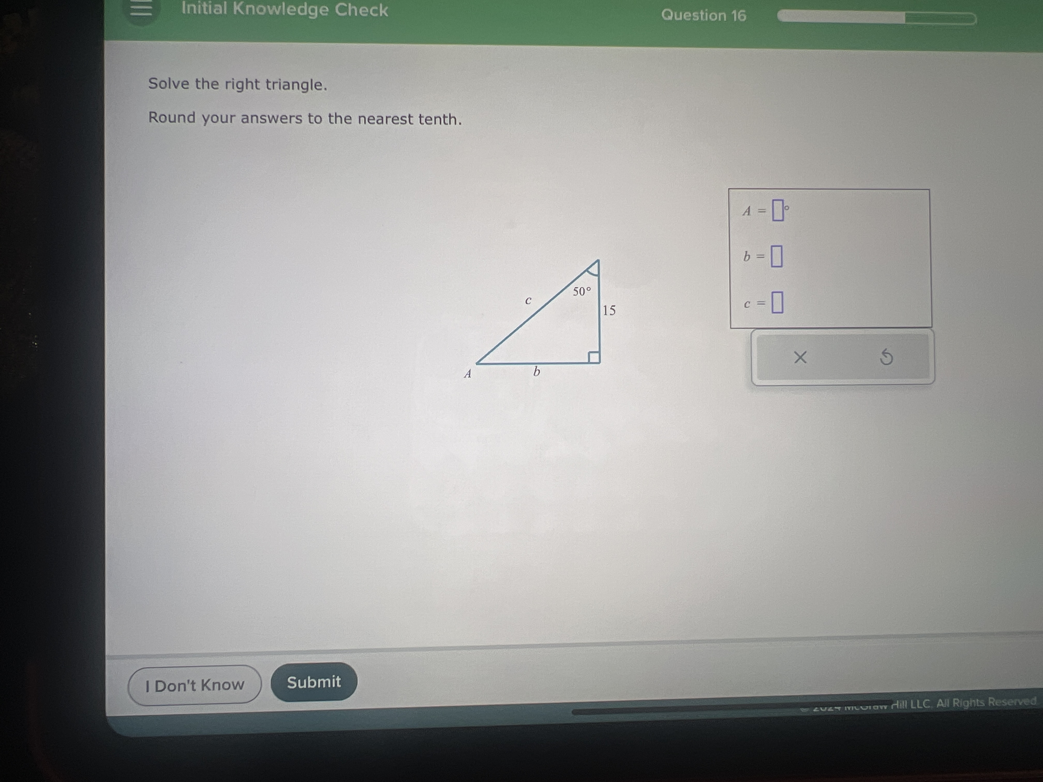 Solved Solve the right triangle.Round your answers to the | Chegg.com