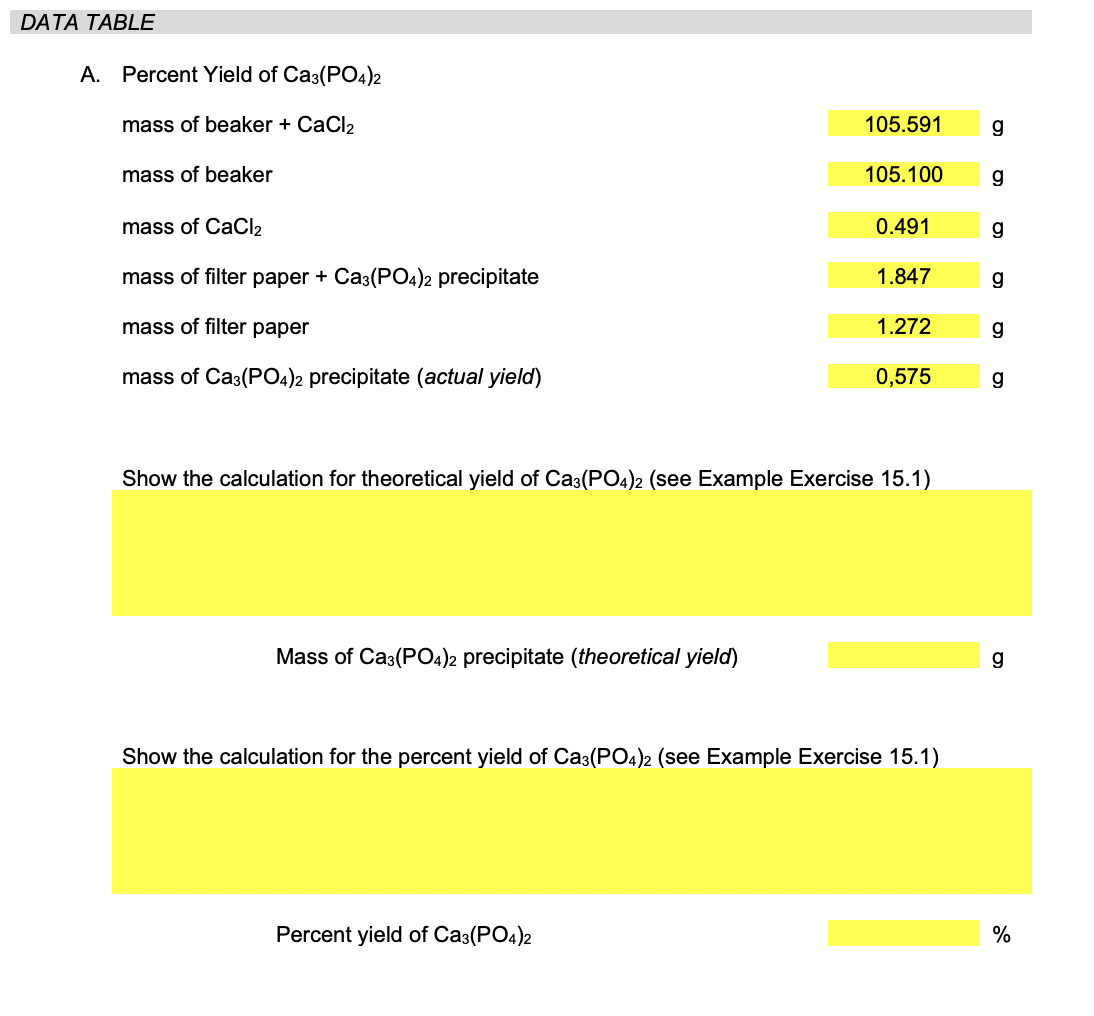 Solved DATA TABLE A. Percent Yield of Ca3(PO4)2 mass of | Chegg.com