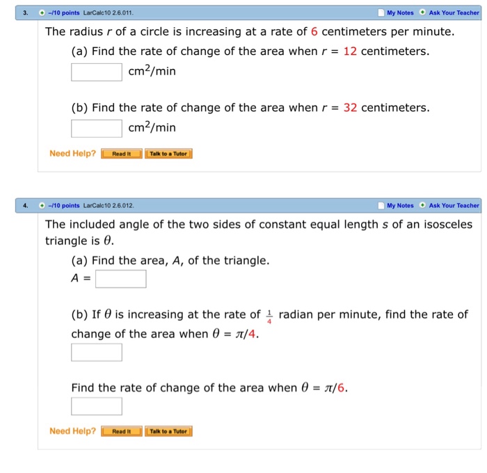 Solved The radius r of a circle is increasing at a rate of 6 | Chegg.com