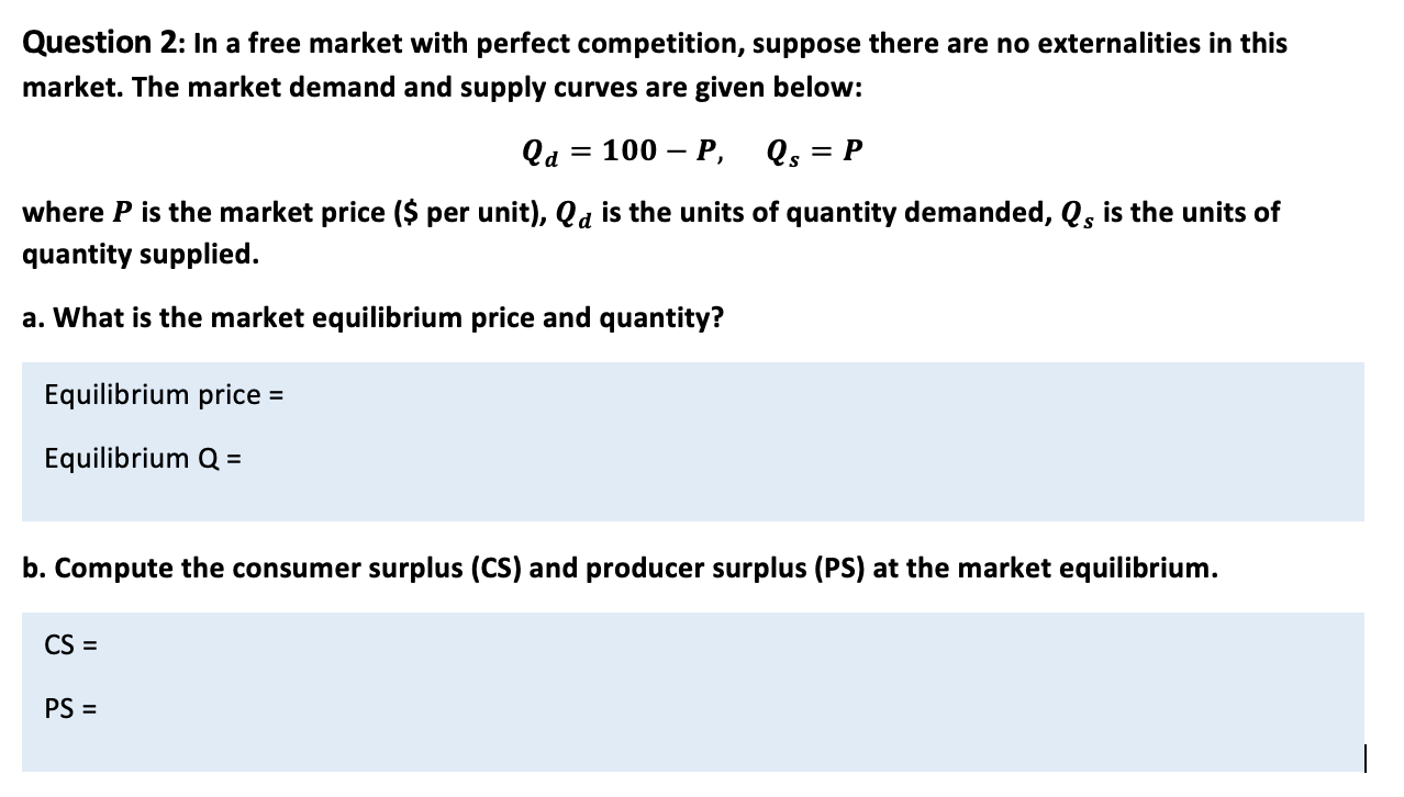 Solved Question 2: In a free market with perfect | Chegg.com