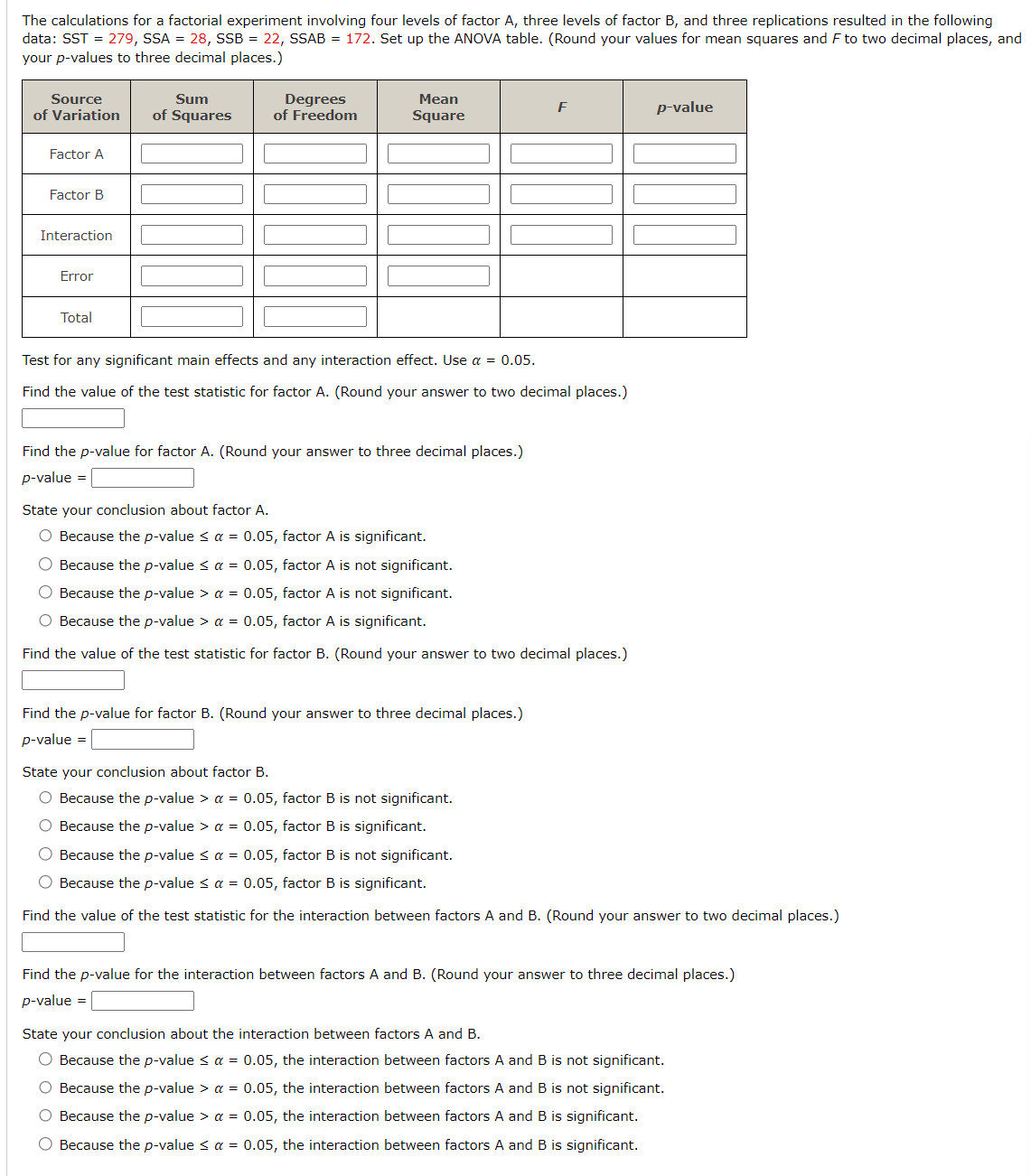 Solved The calculations for a factorial experiment involving | Chegg.com