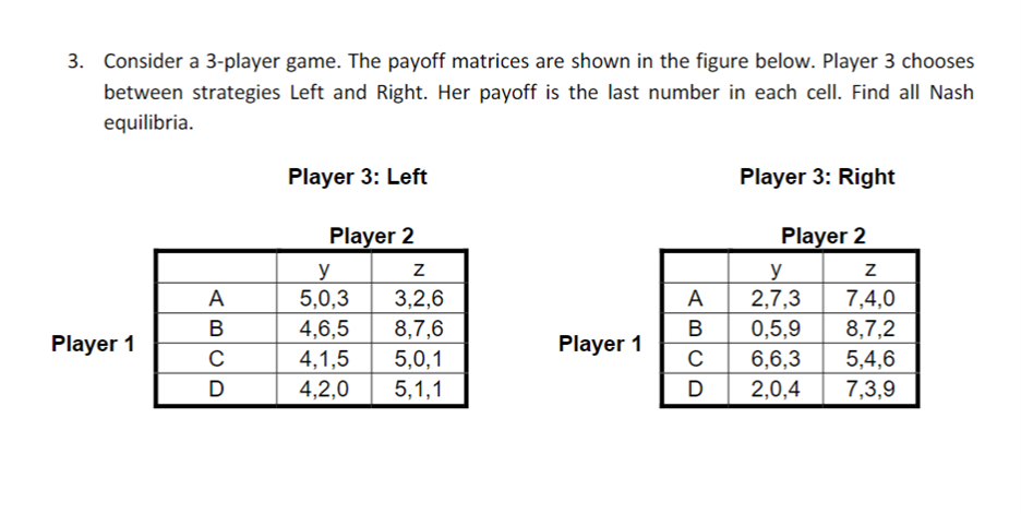 Solved 3. Consider a 3-player game. The payoff matrices are | Chegg.com