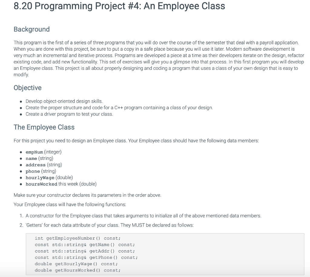 Solved 8.20 Programming Project #4: An Employee Class | Chegg.com