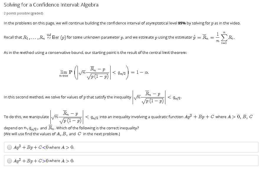 Solving for a Confidence Interval: Algebra 2 points | Chegg.com