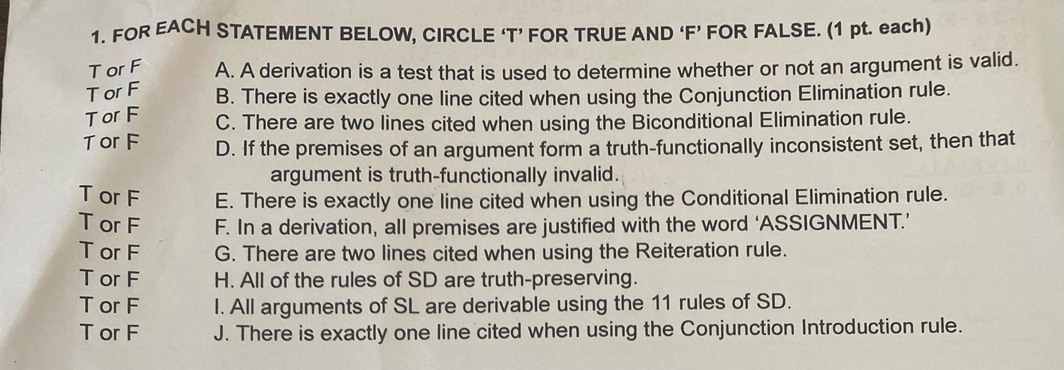 1. FOR EACH STATEMENT BELOW, CIRCLE ‘T' FOR TRUE AND | Chegg.com