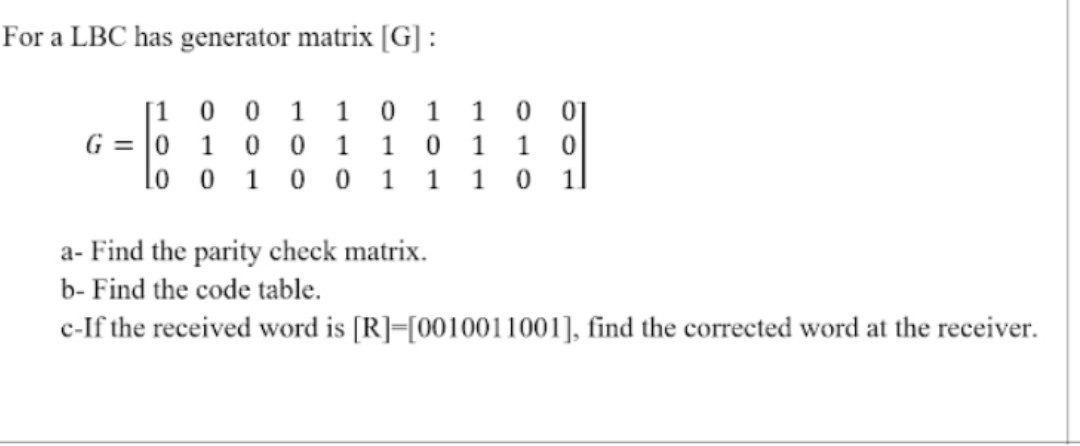 Solved For a LBC has generator matrix [G]: 0 11 0 0 1 1 0 1 | Chegg.com