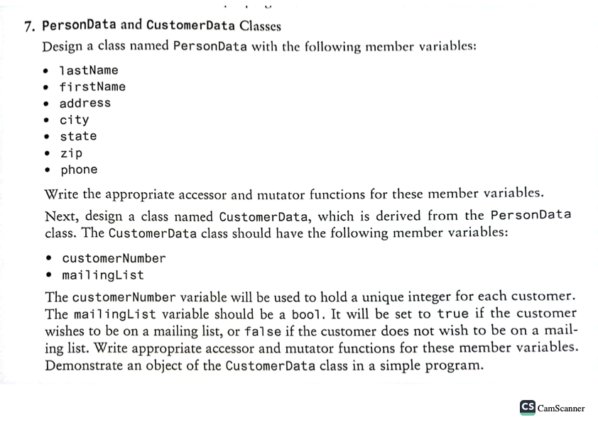 Solved PersonData and CustomerData Classes Design a class | Chegg.com