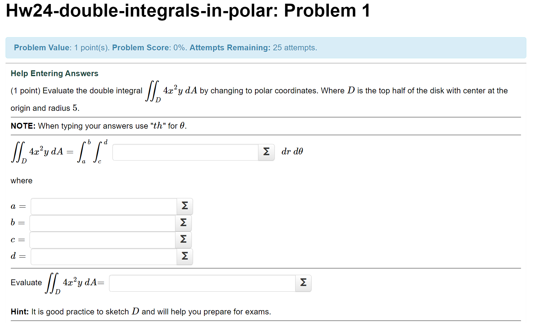 Solved Hw24-double-integrals-in-polar: Problem 1(1 point) | Chegg.com