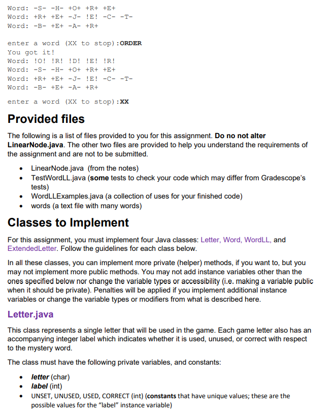 Solved I just want the JAVA code for Letter.java, Word.java, | Chegg.com