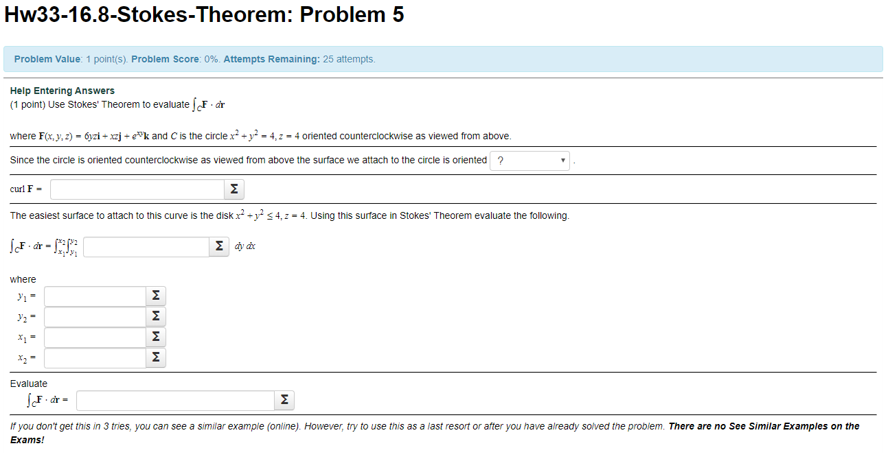 Solved Hw33-16.8-Stokes-Theorem: Problem 5 Problem Value: 1 | Chegg.com